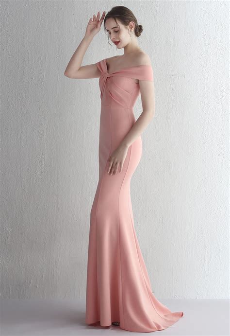 Twist Front Off Shoulder Gown In Pink Retro Indie And Unique Fashion