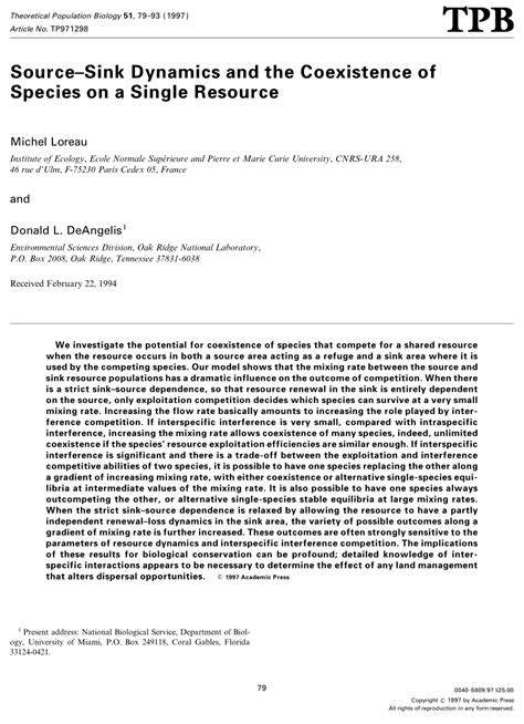 PDF SourceSink Dynamics And The Coexistence Of Species On A Single Resource