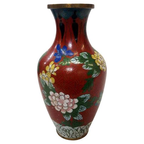 Vintage Chinese Cloisonne Champleve Enamel Vase With Floral Motifs For