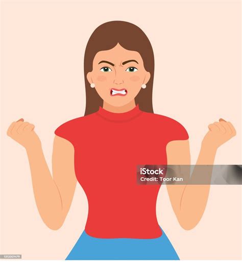 아름다운 젊은 화가 여자는 그녀의 이빨을 그릿과 그녀의 주먹을 압박 배경 에 걸쳐 격리 분노한 표정 짜증나는 여자는 그녀의 팔을 제기하고 위협 벡터 삽화 Mental