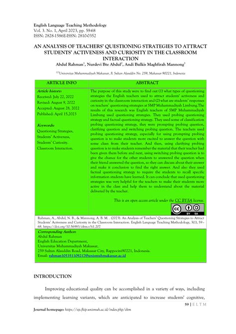 Pdf An Analysis Of Teachers Questioning Strategies To Attract