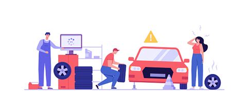 타이어 서비스 그림입니다 전문 정비사가 휠과 타이어를 교체합니다 타이어 피팅 자동차 수리 서비스 휠 교체 타이어 서비스의 개념 웹 배너에 대 한 벡터 평면 만화 디자인