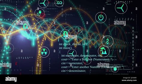 Image Of Computer Icons With Colorful Spiral Patterns And Programming