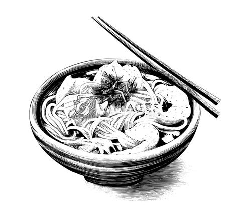 Udon Noodles Sketch Hand Drawn Engraving Style Asian Cuisine Stock