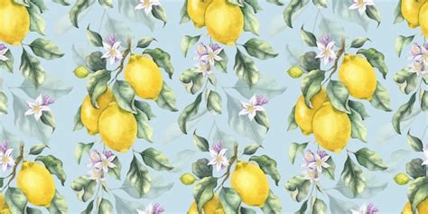 Lemon Branches With Fruits Flowers And Leaves Hand Drawn Watercolor
