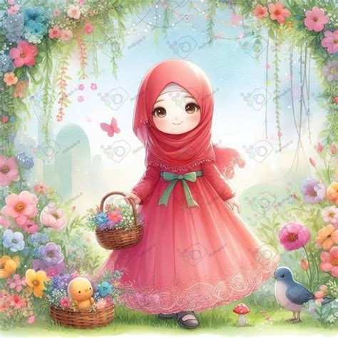 خرید و قیمت بک گراند کودکانه دختر ناز محجبه با پیراهن و شال قرمز در باغ