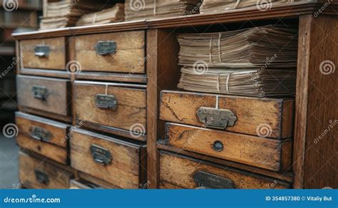 In Warm And Inviting Vintage Archive Room Wooden Cabinets Filled