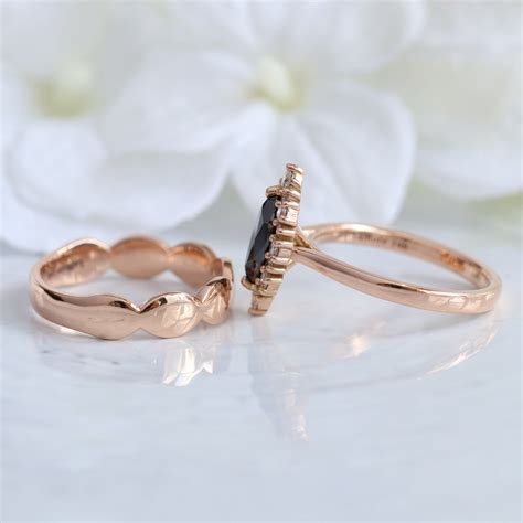 Unique Marquise Black Diamond Ring Stack Rose Gold Wide Wedding Band