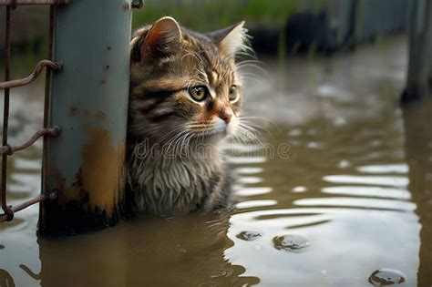 Portrait Of Homeless Abandoned Sad Cat Sitting On Flooded Street Nova