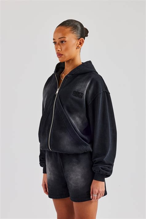 Washed Zip Through Panel Hoodie Black Womens Hoodies And Sweats