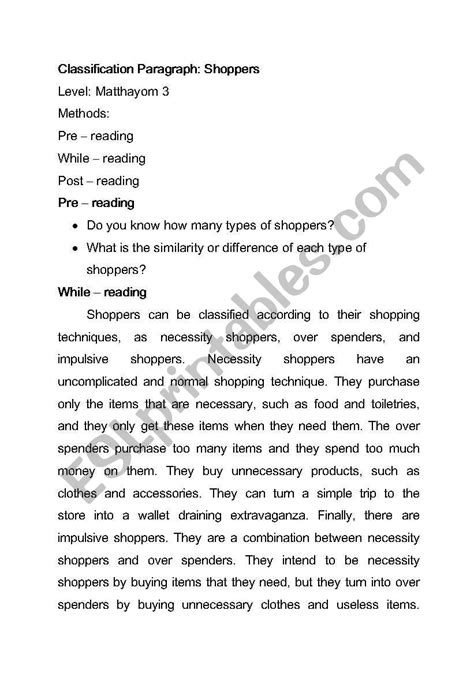 Classification Paragraph Esl Worksheet By Sample31