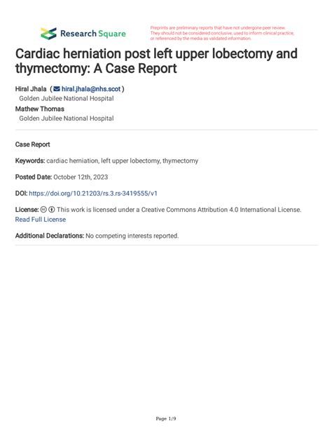 Pdf Cardiac Herniation Post Left Upper Lobectomy And Thymectomy A