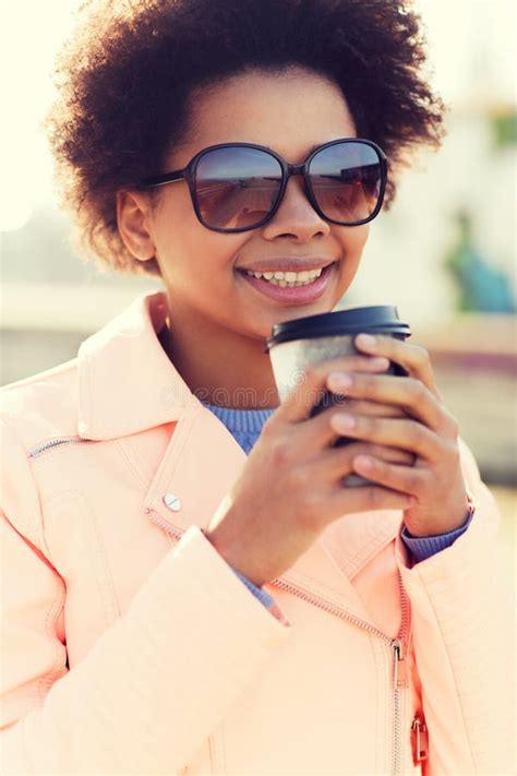 Smiling African American Woman Drinking Coffee Stock Image Image Of