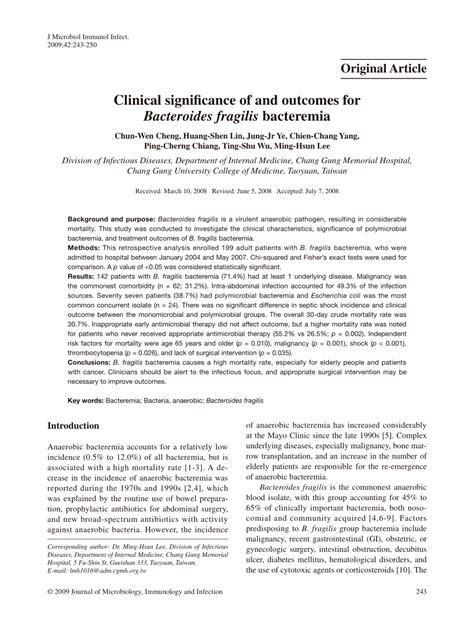 Pdf Clinical Significance Of And Outcomes For Bacteroides Fragilis Bacteremia