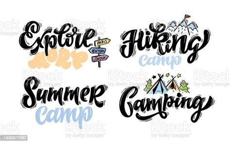 손으로 스케치 크립토 문자 타이포그래피 하이킹 캠프 캠핑 야간 낚시 캠프 여름 캠프를위한 개념 여름 캠프 로고 타입 배지 아이콘