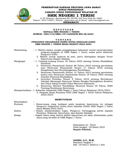 Sk Pengurus Osis Smk Negeri 1 Terisi 2022 2023 Pdf