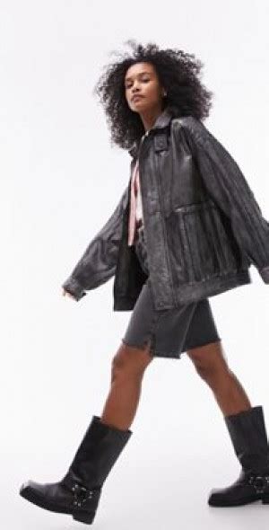 Topshop Real Leather Super Washed Oversized Bomber Jacket In Black