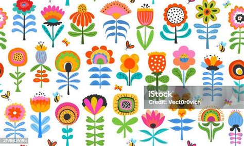 스칸디 북유럽 귀여운 봄 여름 손 그림 꽃 꽃 원활한 패턴 벡터 일러스트 레이 션 반복 디자인 인쇄 거베라데이지에 대한 스톡 벡터 아트 및 기타 이미지 Istock