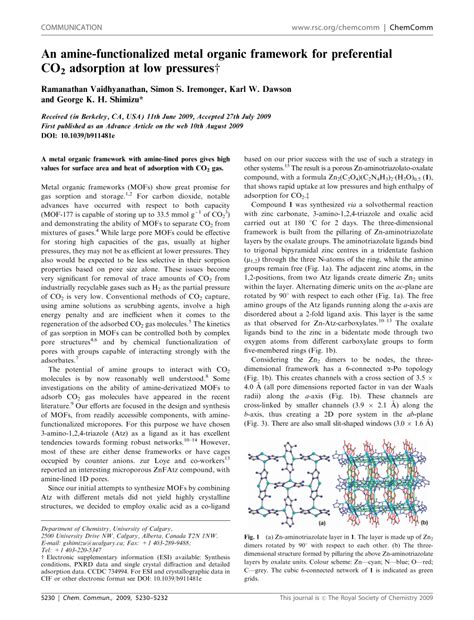 Pdf An Amine Functionalized Metal Organic Framework For Preferential Co2 Adsorption At Low