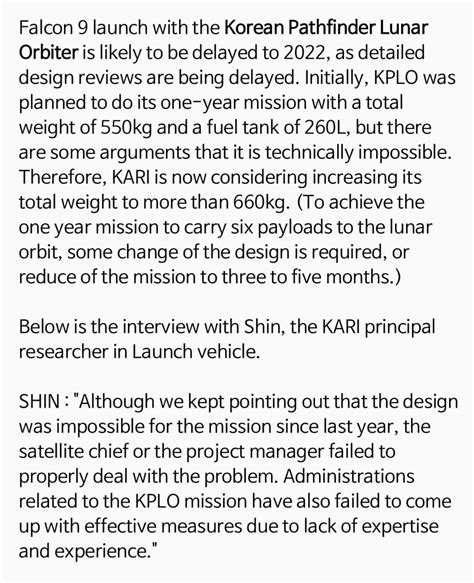 Skorean Spaceflight There Might Be A Delay Of The Korean Pathfinder Lunar Orbiter Launch By