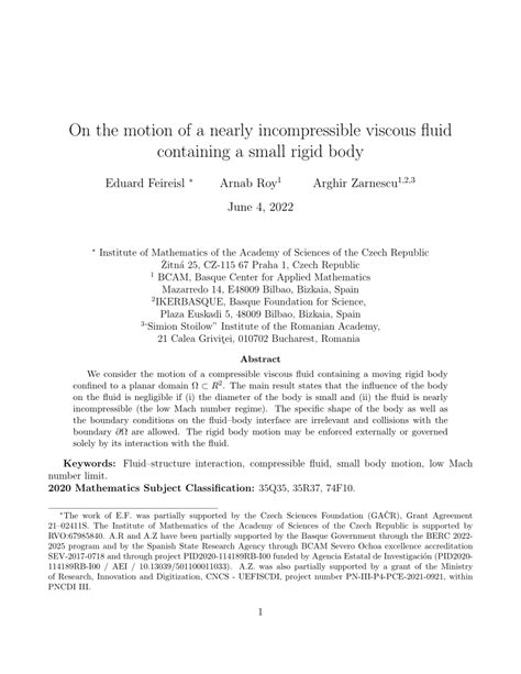 Pdf On The Motion Of A Nearly Incompressible Viscous Fluid Containing A Small Rigid Body