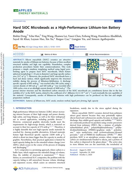Pdf Hard Sioc Microbeads As A High Performance Lithium Ion Battery Anode