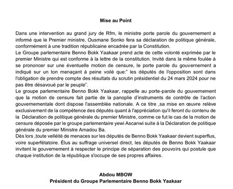 Le président du groupe parlementaire BBY sert une réponse sèche au
