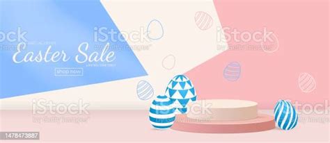 3d 달걀을 곁들인 트렌디한 부활절 포딤 최소한의 판매 포스터 부활절 달걀 현대 3d 그래픽 개념입니다 벡터 일러스트 레이 션