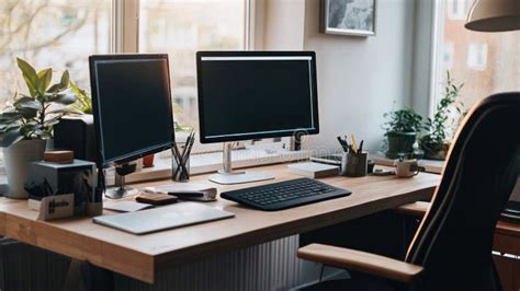 Modern Home Office Workspace With Two Computer Monitors Keyboard Plants And Chair Stock