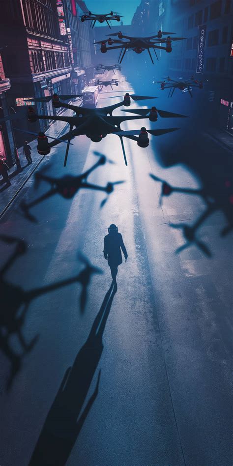 Person Walking Night Streets Drones Flying Above By Coolarts223 On