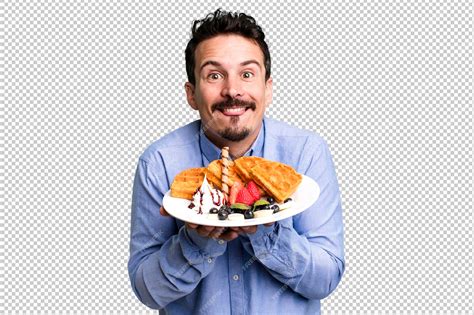 Premium Psd Adult Man Having Waffles For Breakfast