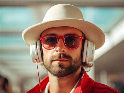 Premium Photo Headphones Cty Man With Hat And Sunglasses With Headphones