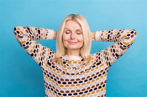Portrait Of Gorgeous Retired Lady Wear Trendy Clothes Hold Arms Behind