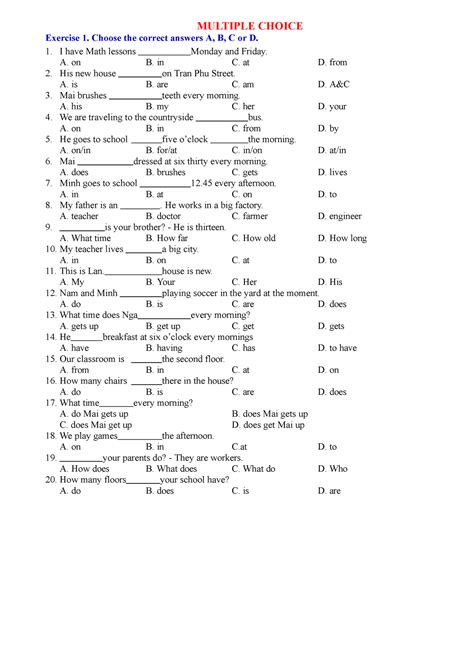 Multiple Choice 2 BÀitiauf Multiple Choice Exercise 1 Choose The