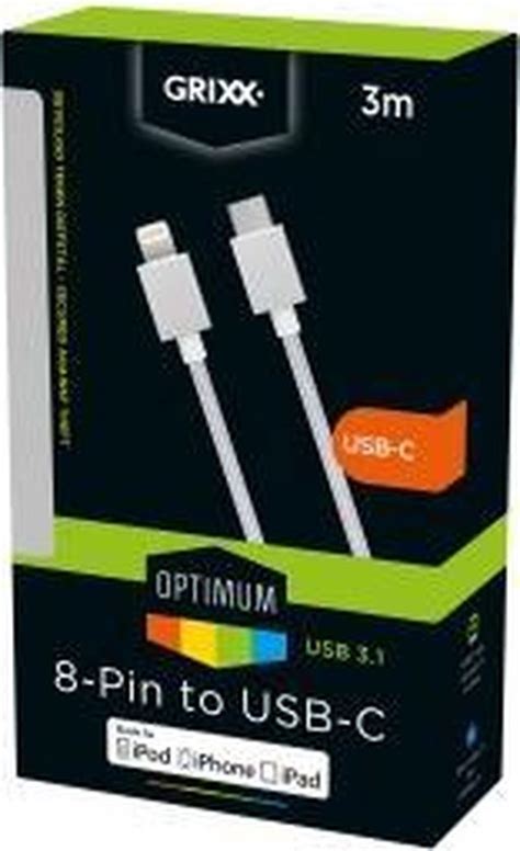 Grixx Optimum Cable Usb C To 8 Pin Apple Mfi License Nylon Lengte 3m