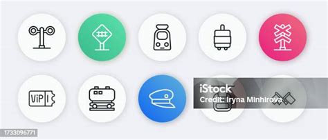 기차 운전사 모자 철도 건널목 티켓 케이블카 여행 가방 철도 깃발 및 기름 수조 아이콘을 설정합니다 벡터 가방에 대한 스톡 벡터 아트 및 기타 이미지 Istock