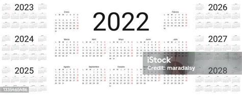 스페인어 달력 2022 2023 2024 2025 2026 2027 2028 년 간단한 포켓 템플릿 벡터 그림입니다 0명에 대한 스톡 벡터 아트 및 기타 이미지 Istock