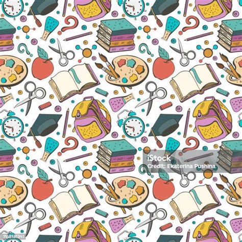 만화 손으로 그린 학교에 다시 원활한 패턴 기호 개체 및 요소가 많이 있습니다 완벽한 재미있는 배경 벡터 그림입니다 어린이 귀엽고 즐거운 스타일 0명에 대한 스톡 벡터 아트