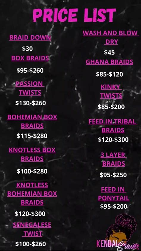 Price List👛 Price List For Kendal Braids To Schedule An Appointment