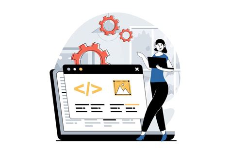 Software Development Concept With People Scene In Flat Design For Web Woman Creating Code For