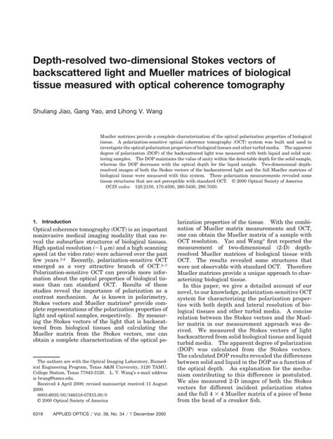 Pdf Depth Resolved Two Dimensional Stokes Vectors Of Backscattered