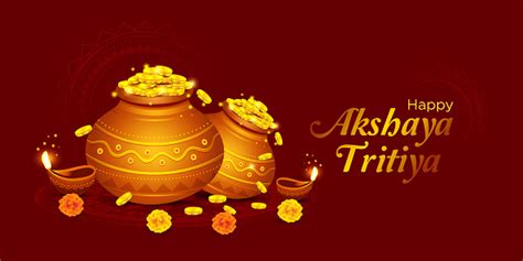 아크샤야 트리티야 칼라샤와 인도 종교 축제 배경 또는 금화와 장식 요소로 가득 찬 냄비 Akshaya Tritiya에 대한 스톡