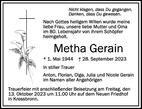Traueranzeigen Von Metha Gerain Schwaebische De Trauerportal