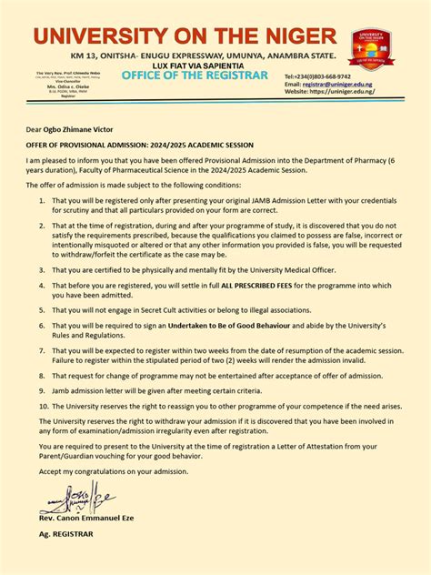 Ogbo Zhimane Victor Admission Letter 2024 Pdf