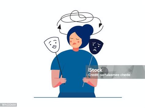 양극성 장애 개념 여자는 행복하고 불행한 분위기로 두 개의 얼굴 마스크를 보여줍니다 흰색에 절연되어 있습니다 조울증 양극성 질환
