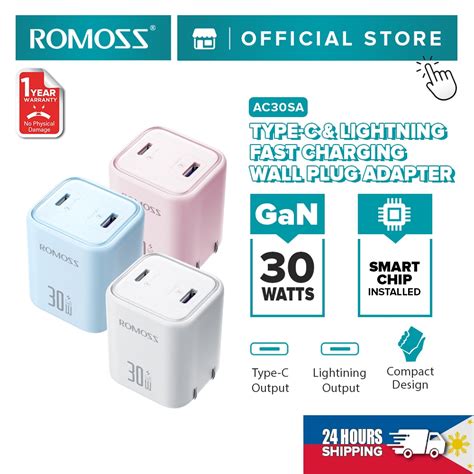 Romoss Ac30sa 30w Gan Foldable Dual Port Charger Type C And Ligh Tning Adapter Fast Charging