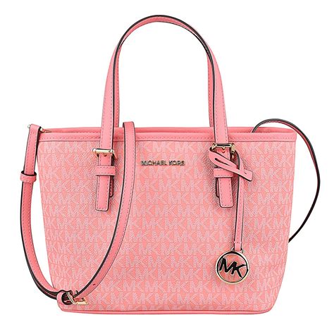 Mk Michael Kors Jet Set Trave 金字logo滿版緹花pvc拉鍊斜背托特包小淺紅 斜背包鍊帶包