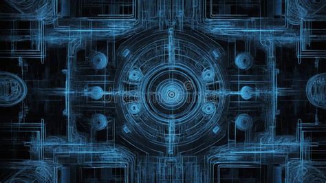 Intricate Blue Digital Circuitry Design With Abstract Patterns In Central Symmetric Arrangement