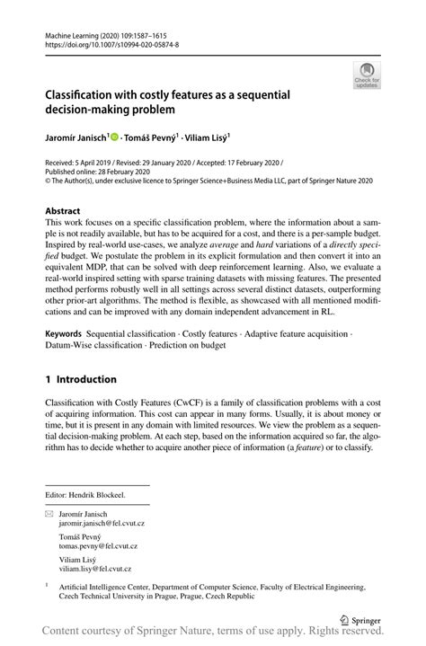 Classification With Costly Features As A Sequential Decision Making