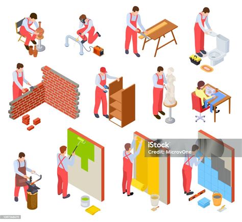 장인 이소측정 배관공 대장장이 메이슨 용접기 재봉사 포터 목수 핸디맨 벡터 문자 3d 격리 세트 등측투영법에 대한 스톡 벡터 아트 및 기타 이미지 Istock